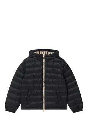 BURBERRY Black Nylon Down Jacket With Check Details