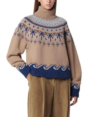 ALANUI Sweet Winter Beige And Blue Wool Turtleneck Sweater