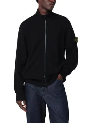 Stone Island Zip-up Sweater In Pure Wool - Black