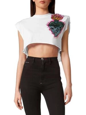 Philipp Plein Shoulder Pads Cropped Top Love Tattoo - White