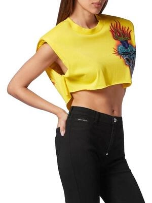 Philipp Plein Shoulder Pads Cropped Top Love Tattoo Women Yellow