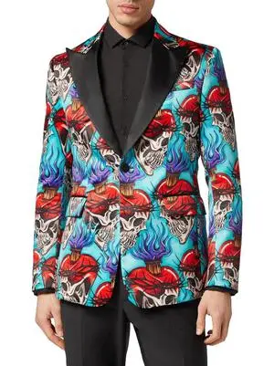 Philipp Plein Satin Blazer Lord Fit Love Tattoo - Turquoise