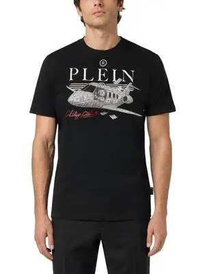 Philipp Plein Round Neck T-shirt Teddy Plane Stones Men Black