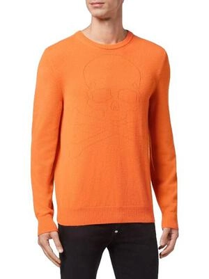Philipp Plein Cashmere Pullover Round Neck Ls Skull And Plein Men Orange