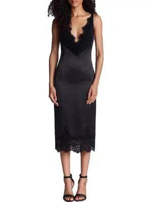 KENNETH COLE COLLECTION Contrast Lace Trim Satin Midi Dress