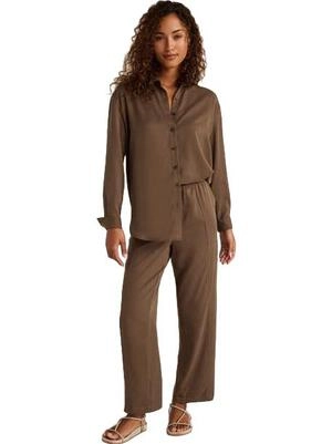 HAVEN WELL WITHIN Drapey Twill Tapered Leg Pants - Deep Mocha