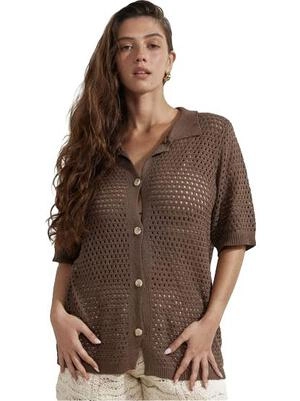BEACH LIFE BY GOTTEX Robbie Crochet Collared Beach Top - Brown