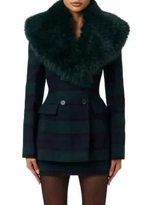 Naked Wardrobe Plaid Faux Fur Collar Wool Blend Blazer - Emerald