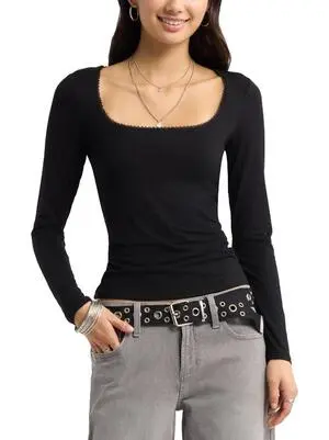 Bp. Lace Trim Square Neck Long Sleeve Top - Black