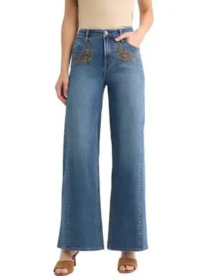 CITY BLUES Stud Embroidered Wide Leg Jeans - Medium Indigo