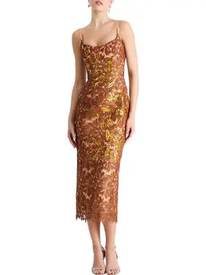 HELSI Sequin Lace Overlay Cocktail Midi Dress - Copper