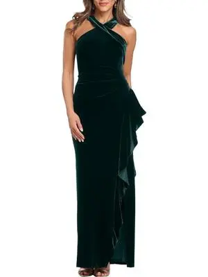 XSCAPE EVENINGS Ruffle Sleeveless Velvet Gown - Hunter