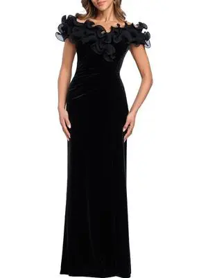 XSCAPE EVENINGS Ruffle Neck Off The Shoulder Velvet Gown - Black