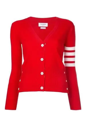 THOM BROWNE Classic V-Neck Cardigan In White 4-Bar Stripe In Cashmere