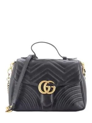 Gucci Gg Marmont Top Handle Flap Bag Matelasse Leather Small Satchel - Black