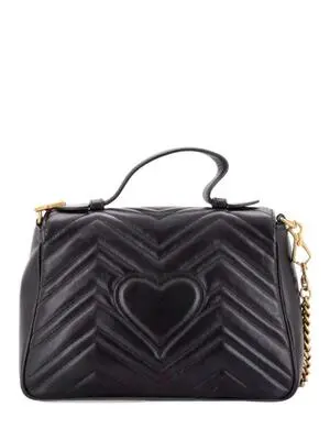 Gucci Gg Marmont Top Handle Flap Bag Matelasse Leather Small Satchel - Black