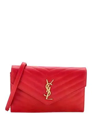 Saint Laurent Classic Monogram Wallet On Chain Matelasse Chevron Leather Small Crossbody Bag Red