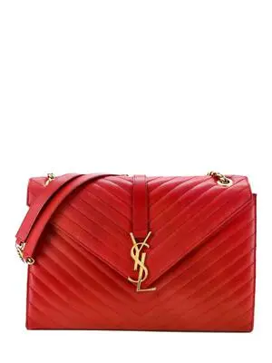 Saint Laurent Classic Monogram Envelope Satchel Matelasse Chevron Leather Large Shoulder Bag - Red