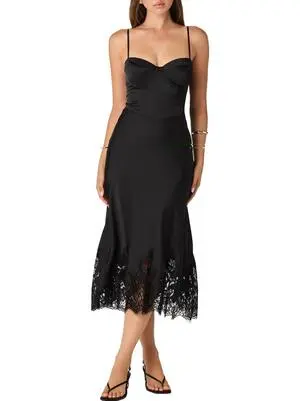 Astr The Label Abrianna Lace Trim Satin Midi Dress - Black