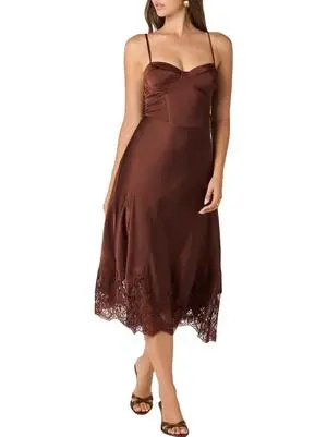 Astr The Label Abrianna Lace Trim Satin Midi Dress - Brown