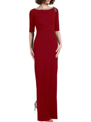EMILY SHALANT Jeweled Neck Gown Red