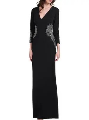 EMILY SHALANT Metallic Appliqué Stretch Crepe Gown - Black
