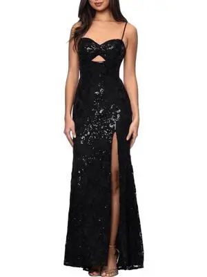 BLONDIE NITES Sequin Floral Lace Cutout Detail Gown - Black