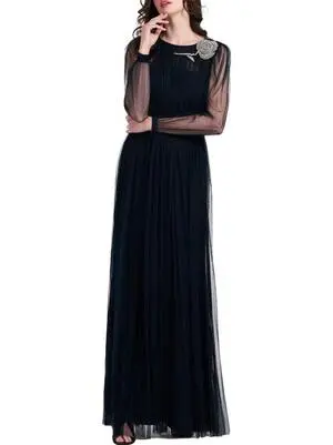 EMILY SHALANT Long Sleeve Floral Appliqué Spanish Tulle Gown - Navy