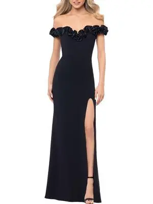 BLONDIE NITES Off The Shoulder Scuba Crepe Gown Black