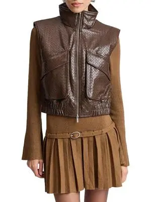 Avec Les Filles Basket Weave Faux Leather Cropped Puffer Vest - Java