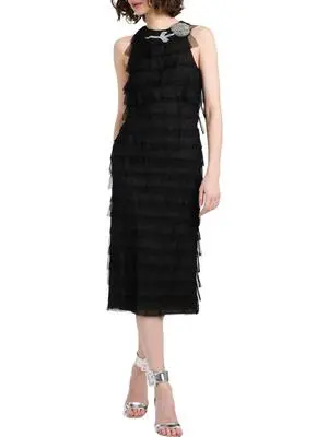 EMILY SHALANT Spanish Tiered Tulle Cocktail Midi Dress - Black