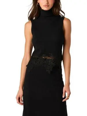 Astr The Label Nadine Lace Trim Sleeveless Turtleneck Sweater - Black