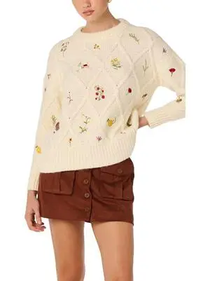 Astr The Label Rose Embroidered Diamond Cable Sweater - Ivory