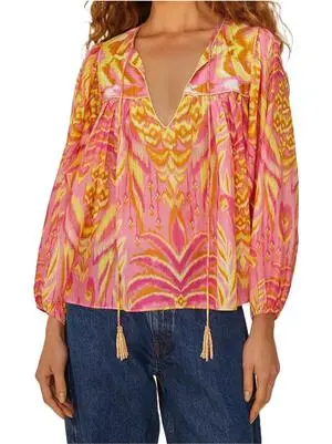 Farm Rio Pineapple Tapestry Tassel-neckline Patterned Top Multicolor