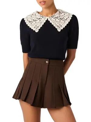 Astr The Label Carianne Lace Collar Short Sleeve Sweater - Navy