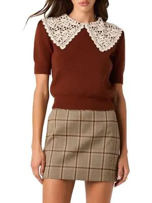 Astr The Label Carianne Lace Collar Short Sleeve Sweater - Rust