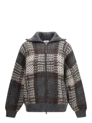 Brunello Cucinelli Checked Wool Zip Cardigan Feale - Grey