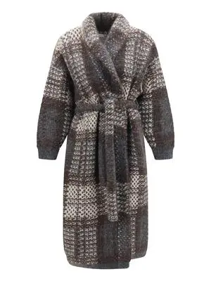 Brunello Cucinelli Macrocheck Mohair Bend Coat With Bet Femae - Grey