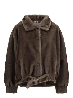 SWORD 6644 Faux Fur Jacket With Waist Belt - Brown