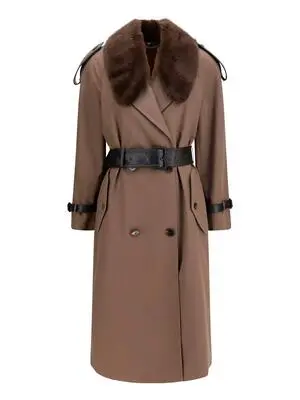 Burberry Long Cotton Trench Coat With Buffalo Leather Collar - Brown
