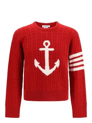 Thom Browne 4-bar Merino Wool Sweater With Anchor Motif - Red