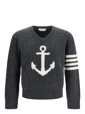 Thom Browne Bar Merino Wool Sweater With Anchor Motif - Grey