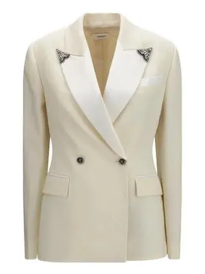 Versace Stretch Wool Blazer With Embroidered Lapels - Cream