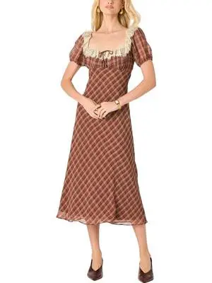 Astr The Label Edwardine Lace Trim Plaid Midi Dress - Wine Plaid