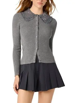 Astr The Label Sonya Lace Collar Rib Cardigan - Grey