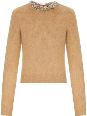 SELF-PORTRAIT Alpaca Blend Sweater With Jewel Collar - Brown