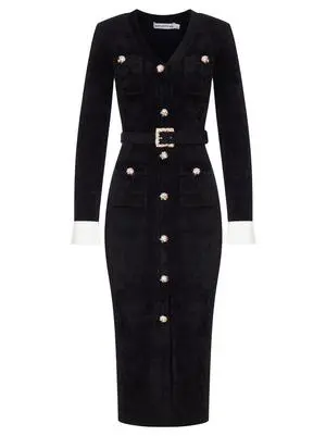 SELF-PORTRAIT Velvet Midi Dress With Jewel Buttons And Belt - Black