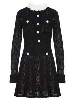 SELF-PORTRAIT Short Dress In Openwork Knit With Floral Collar And Jewel Buttons - Black