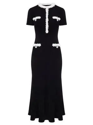 SELF-PORTRAIT Long Ribbed Knit Dress With Contrasting Floral Profiles - Black