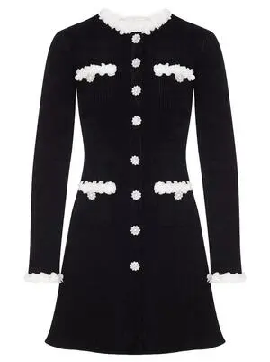 SELF-PORTRAIT Short Ribbed Knit Dress With Floral Profiles And Jewel Buttons - Black